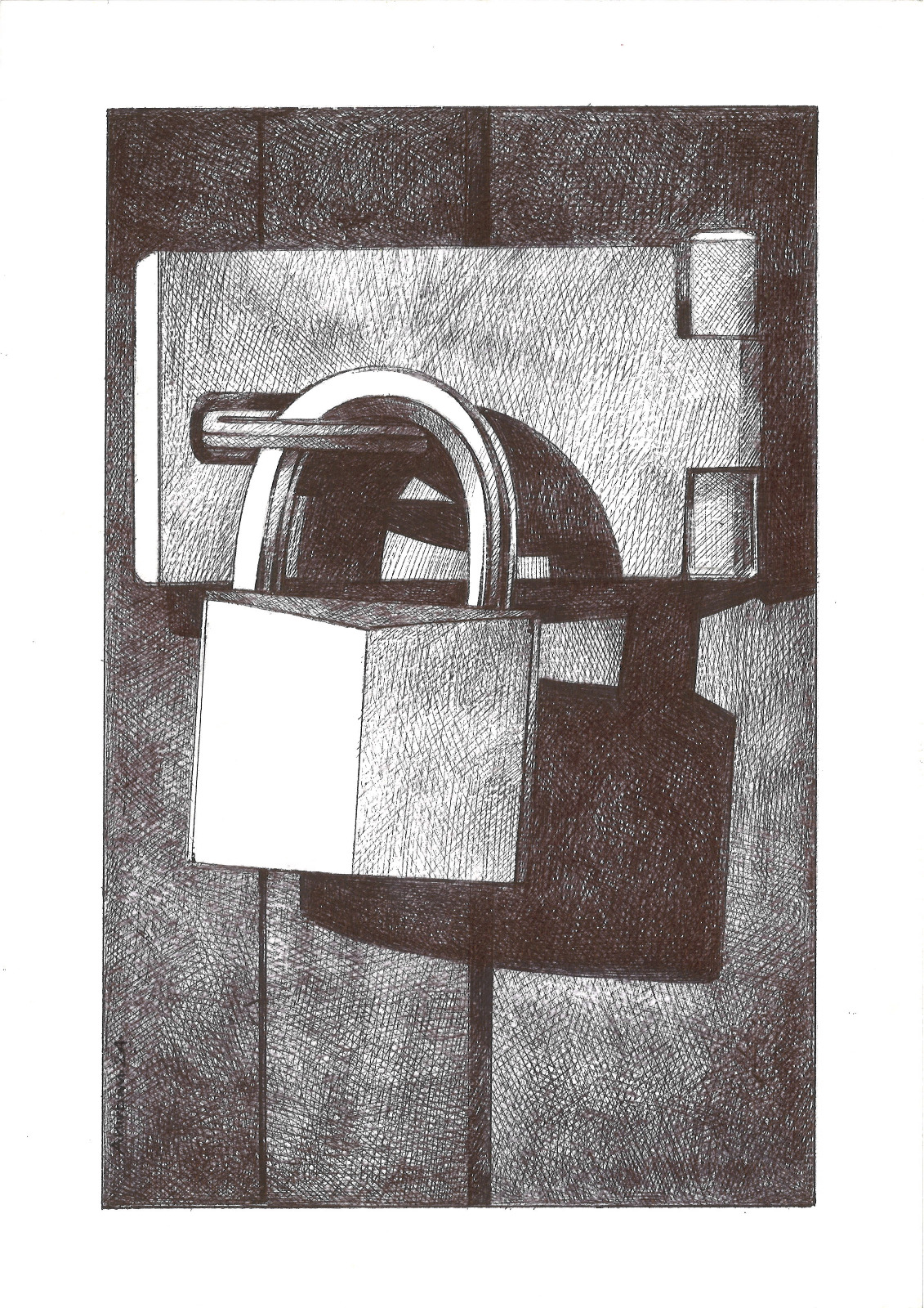 Intricate pen drawing of a padlock on a door - DAUGHTOR
